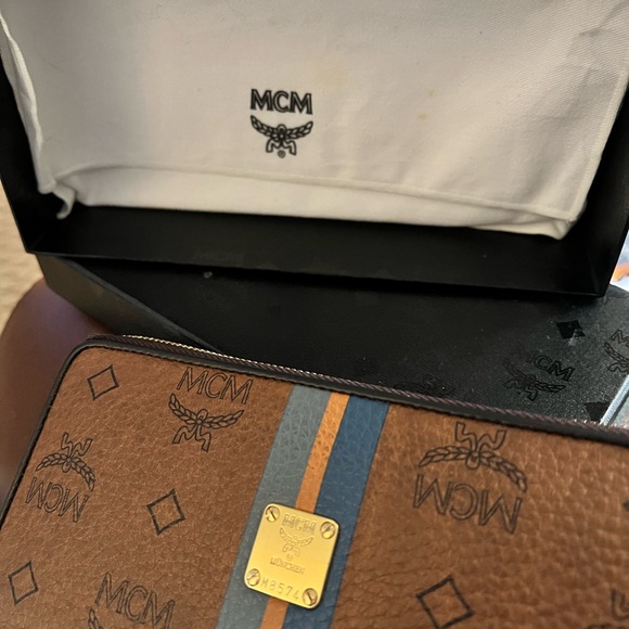 MCM | Bags | Mcm Cognac And Blue Leather Wallet | Poshmark